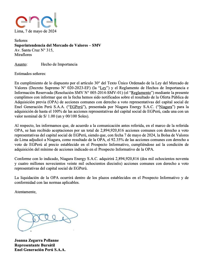 Niagara Energy adquirió el 92,35% de Enel Generación Perú - Forbes Perú